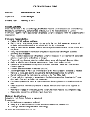 Fillable Online JOB DESCRIPTION OUTLINE Position: Medical Records Clerk ...