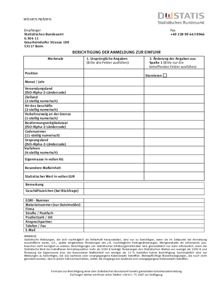 Ausfüllbar Online Berichtigung der Anmeldung zur Einfuhr Extrahandel Berichtigung Fax Email ...