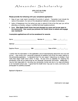 Fillable Online 2013 Alexander Application - Blue Eagle Credit Union ...