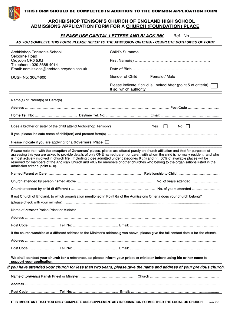 Fillable Online archten croydon sch THIS FORM SHOULD BE COMPLETED IN ADDITION TO THE COMMON ...