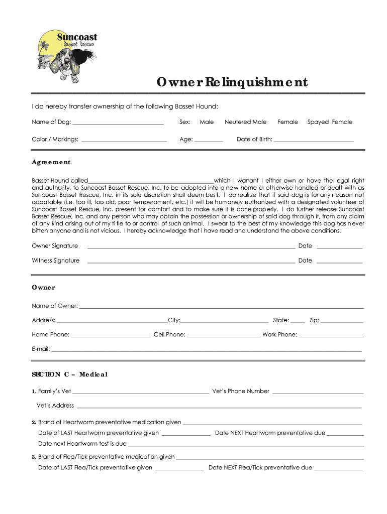 Fillable Online suncoastbassetrescue Owner Relinquishment ...