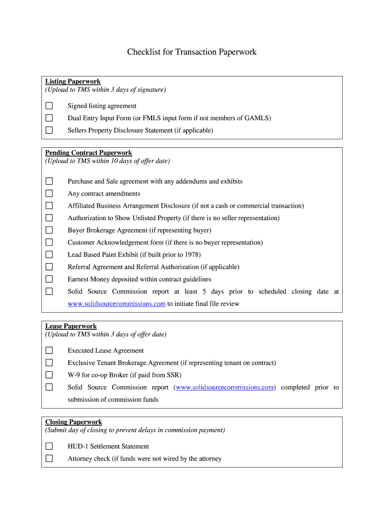 Fillable Online Checklist for Transaction Paperwork Fax Email Print ...