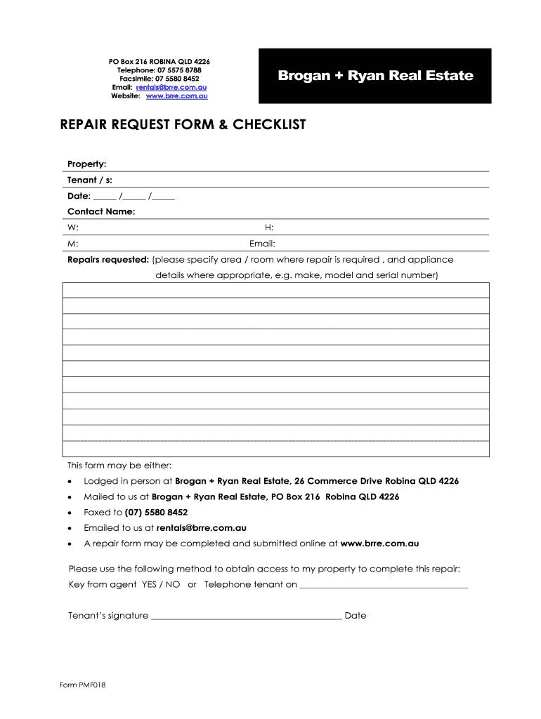 Fillable Online Tenant Repair Form - Brogan and Ryan Real Estate Fax ...
