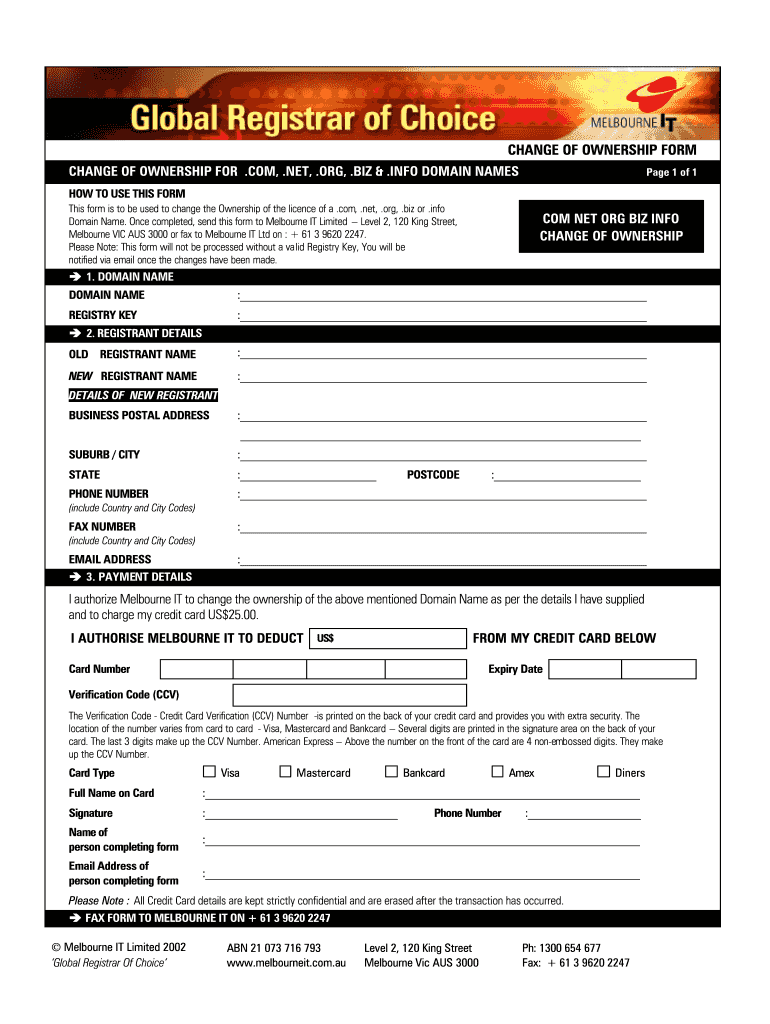 Fillable Online Bchangeb of bownership formb - Melbourne IT Fax Email ...