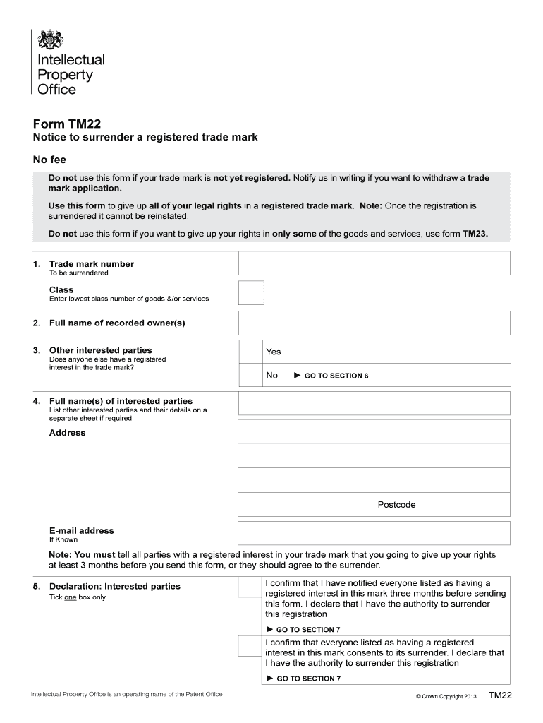Fillable Online Form TM22. Notice to surrender a registered trade mark ...
