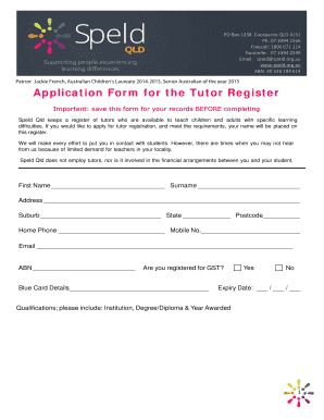 Fillable Online Application Form for the Tutor Register - SPELD Qld Inc ...