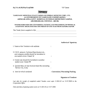 Fillable Online tampcol TENDER FORM FOR THE CONVERSION PACKING AND ...