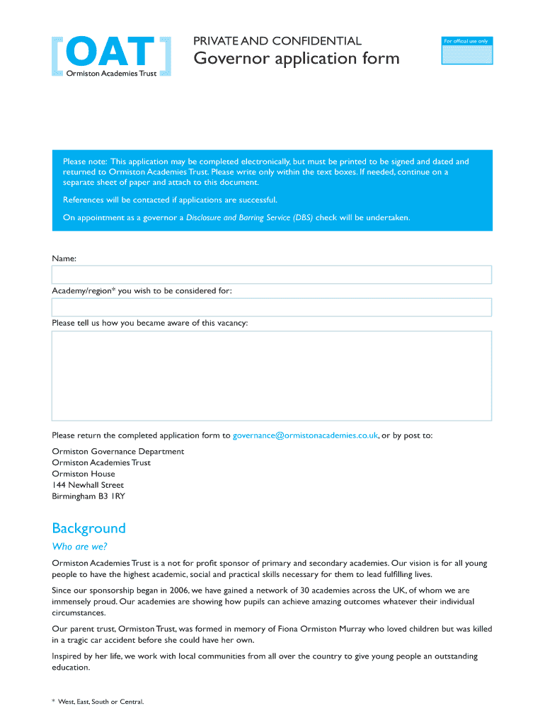 Fillable Online ormistonacademiestrust co Governor application form ...