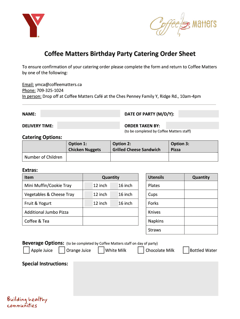 Fillable Online Coffee Matters Birthday Party Catering Order Sheet Fax ...
