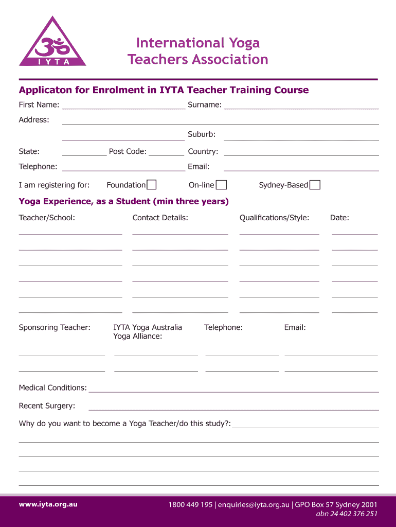 Fillable Online iyta org International Yoga Teachers Association Fax ...