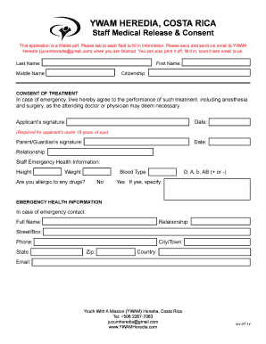 Fillable Online Staff Medical Release & Consent Form - YWAM Heredia, Costa Rica Fax Email Print ...