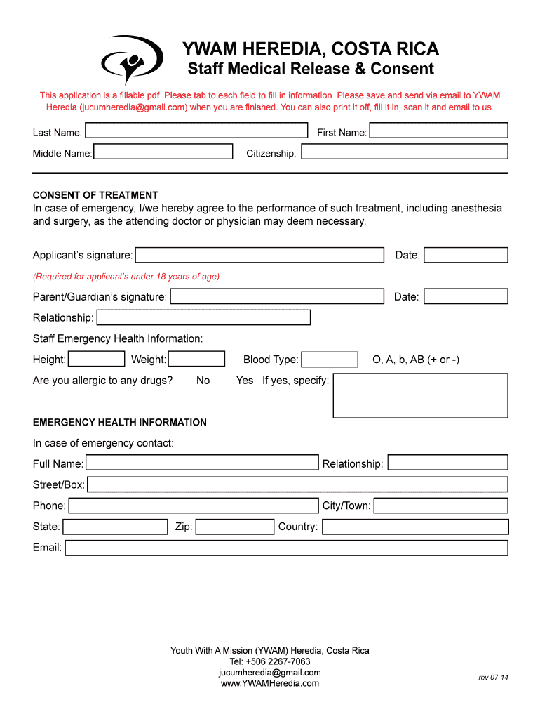Fillable Online Staff Medical Release & Consent Form - YWAM Heredia, Costa Rica Fax Email Print ...