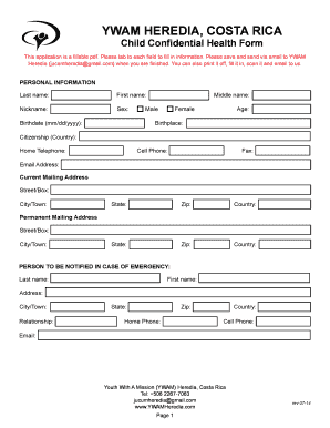 Fillable Online Child Confidential Health Form - YWAM Heredia Costa ...