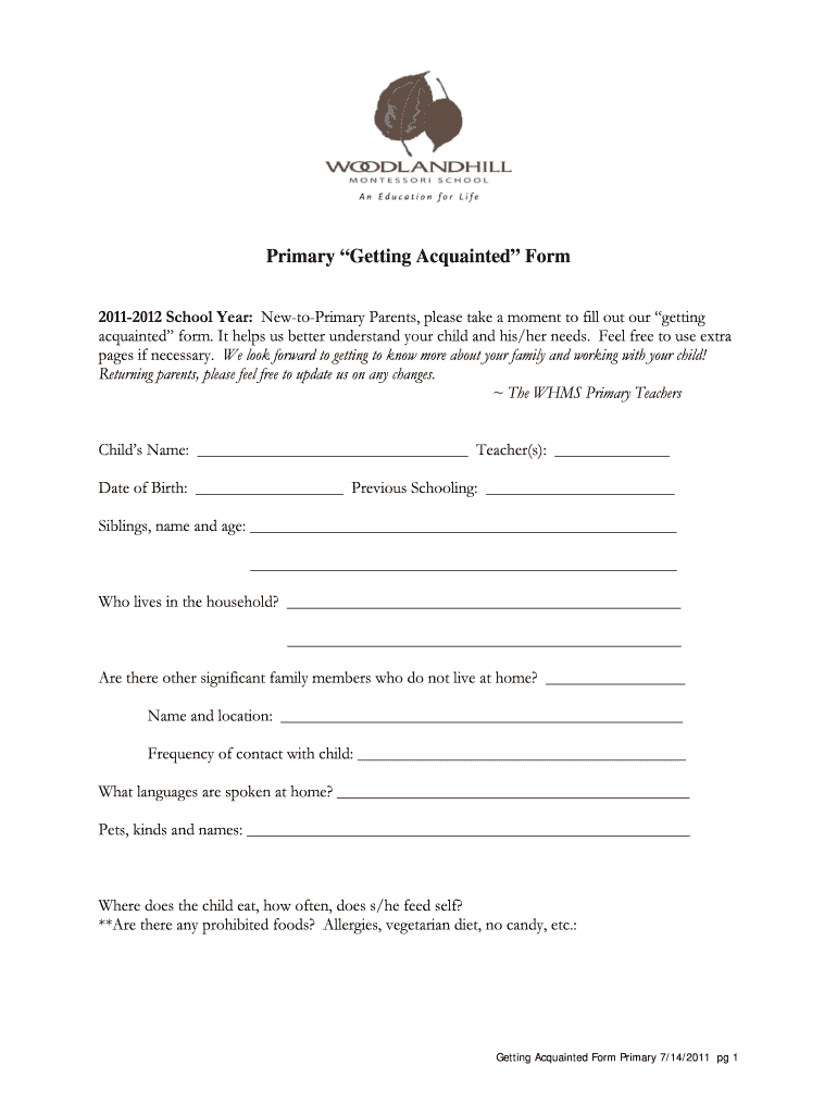 Fillable Online woodlandhill Primary Getting Acquainted Form ...