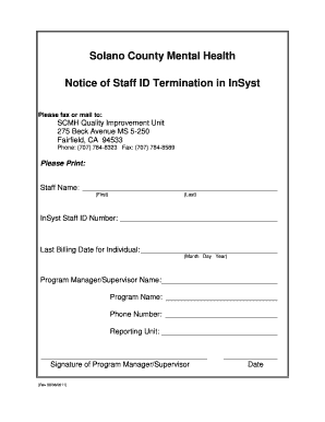 Fillable Online Solano County Mental Health Notice of Staff ID ...