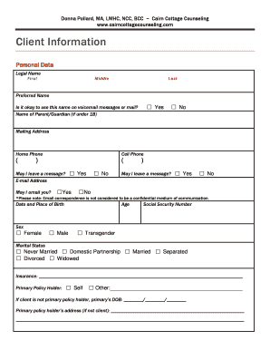 Fillable Online Client Psychotherapy Intake Form - Cairn Cottage ...