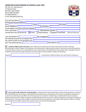 Fillable Online cwa7603 CWA Local 7603 Grievance Form Fax Email Print ...