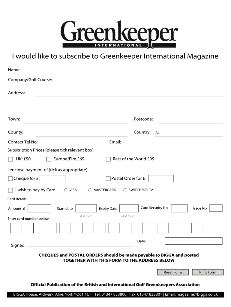 Fillable Online bigga org I would like to subscribe to Greenkeeper ...