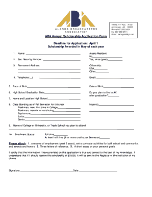 Fillable Online alaskabroadcasters ABA Annual Scholarship Application ...