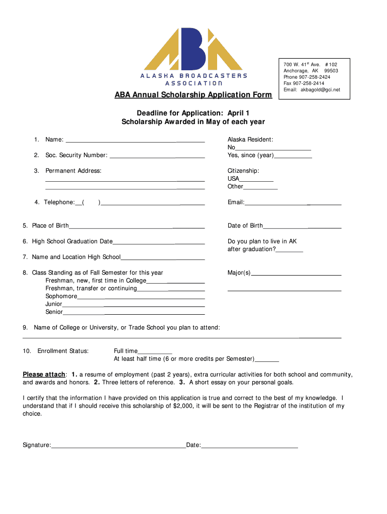 Fillable Online alaskabroadcasters ABA Annual Scholarship Application Form Fax Email Print ...