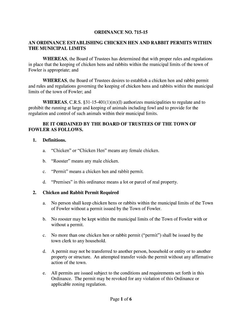 Fillable Online ORDINANCE NO 715-15 AN ORDINANCE ESTABLISHING CHICKEN ...