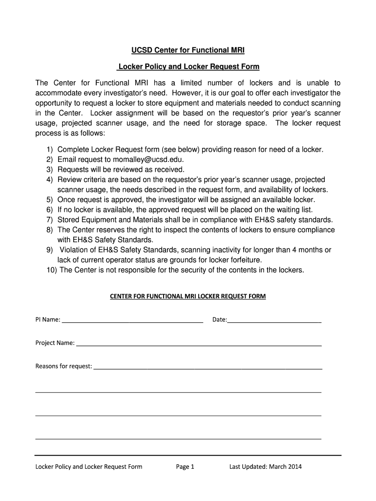 Fillable Online UCSD Center for Functional MRI Locker Policy and Locker ...