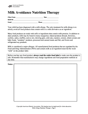 Fillable Online Milk Avoidance Nutrition Therapy Fax Email Print ...