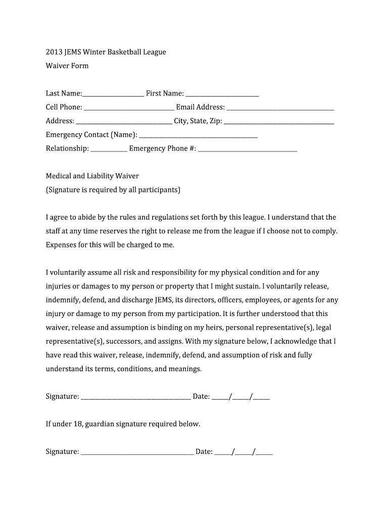 Fillable Online jems 2013 JEMS Winter Basketball League Waiver Form ...