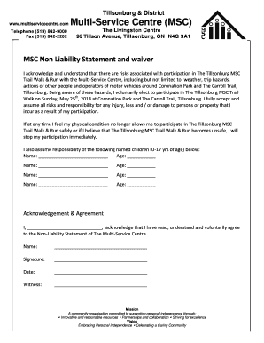 Fillable Online MSC Non Liability Statement and waiver - Tillsonburg ...