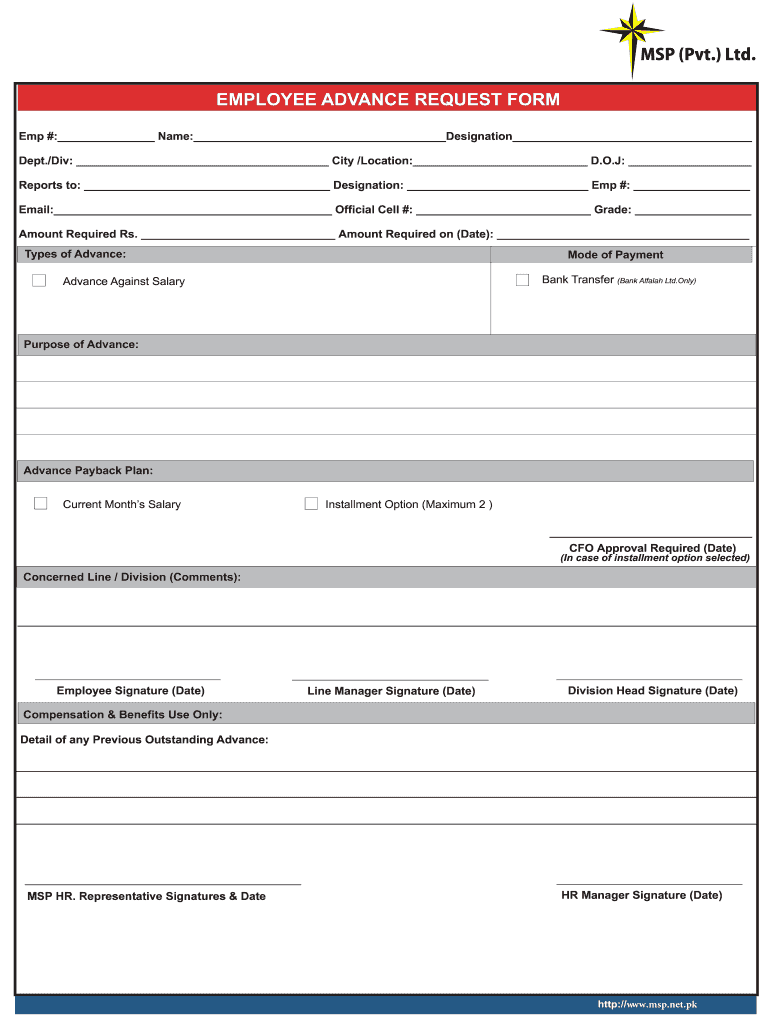Fillable Online hrmlimited Advance Request Form - hrmlimitedpk Fax ...