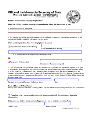 Fillable Online NOTICE OF INTENT TO DISSOLVE - Minnesota Secretary Of ...