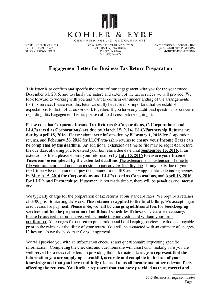 Fillable Online Engagement Letter for Business Tax Return Preparation ...