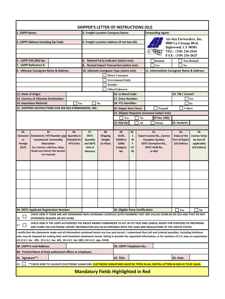 Fillable Online Shippers Letter of Instructions Form (PDF) - Air-Sea ...