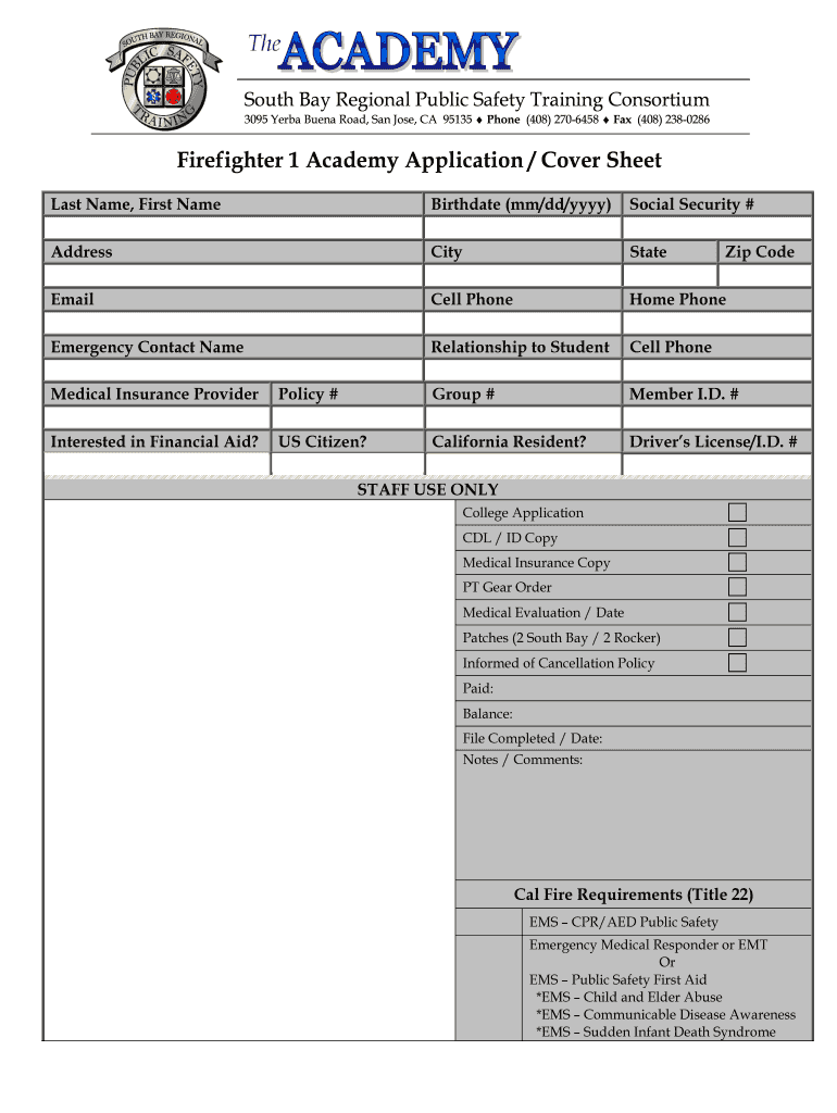 Fillable Online theacademy ca Firefighter 1 Academy Application / Cover ...