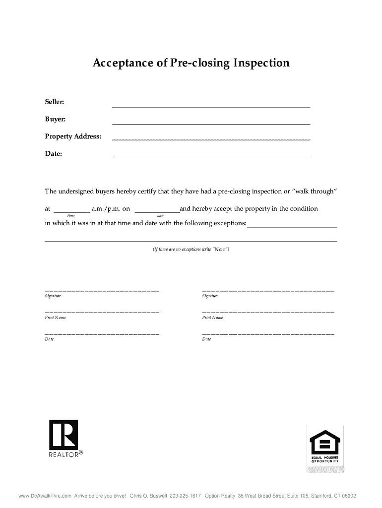Fillable Online Acceptance of Pre-closing Inspection ...