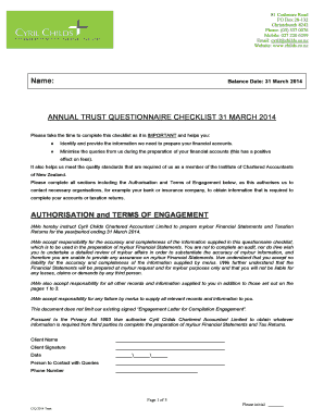 Fillable Online childs co ANNUAL TRUST QUESTIONNAIRE CHECKLIST 31 MARCH ...