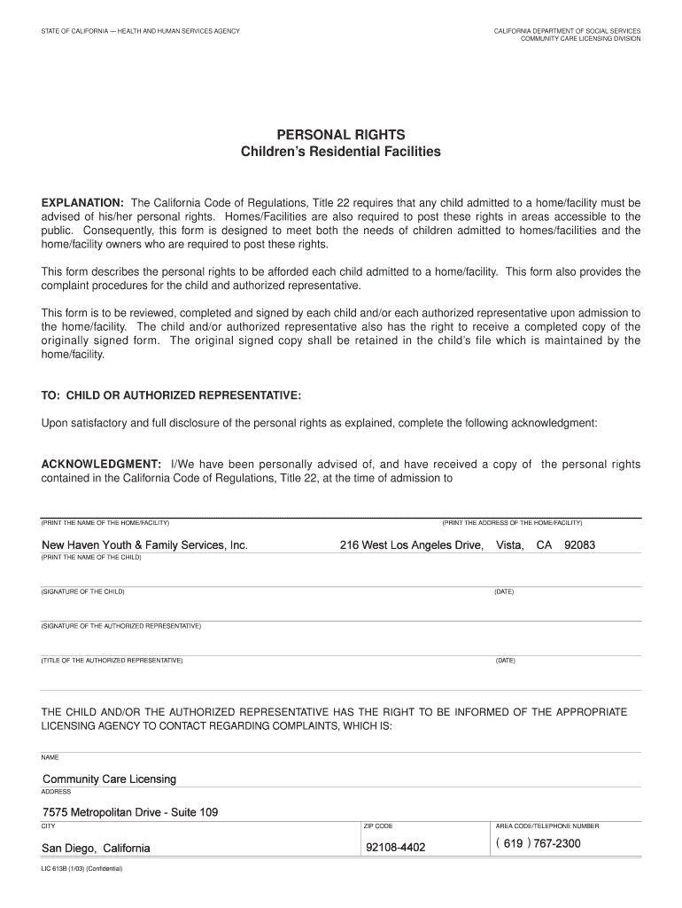 Fillable Online newhavenyfs Personal Rights (LIC 613B) - New Haven ...