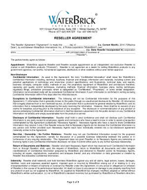 Fillable Online waterbrick Reseller Agreement Form - waterbrick Fax ...