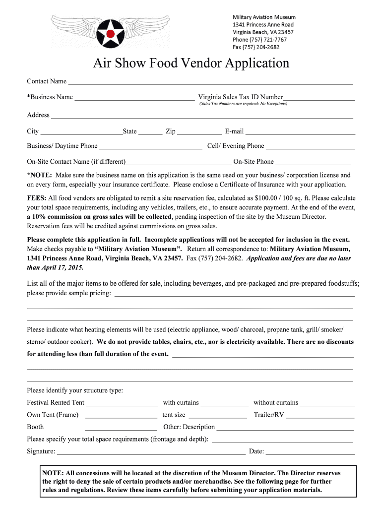 Fillable Online Air Show Food Vendor Application Fax Email Print ...