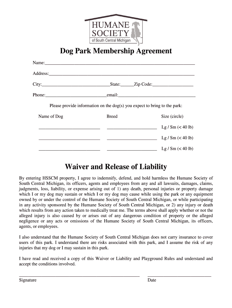 Fillable Online hs-scm Dog Park Membership Agreement Waiver and Release ... - hs-scm.org Fax ...