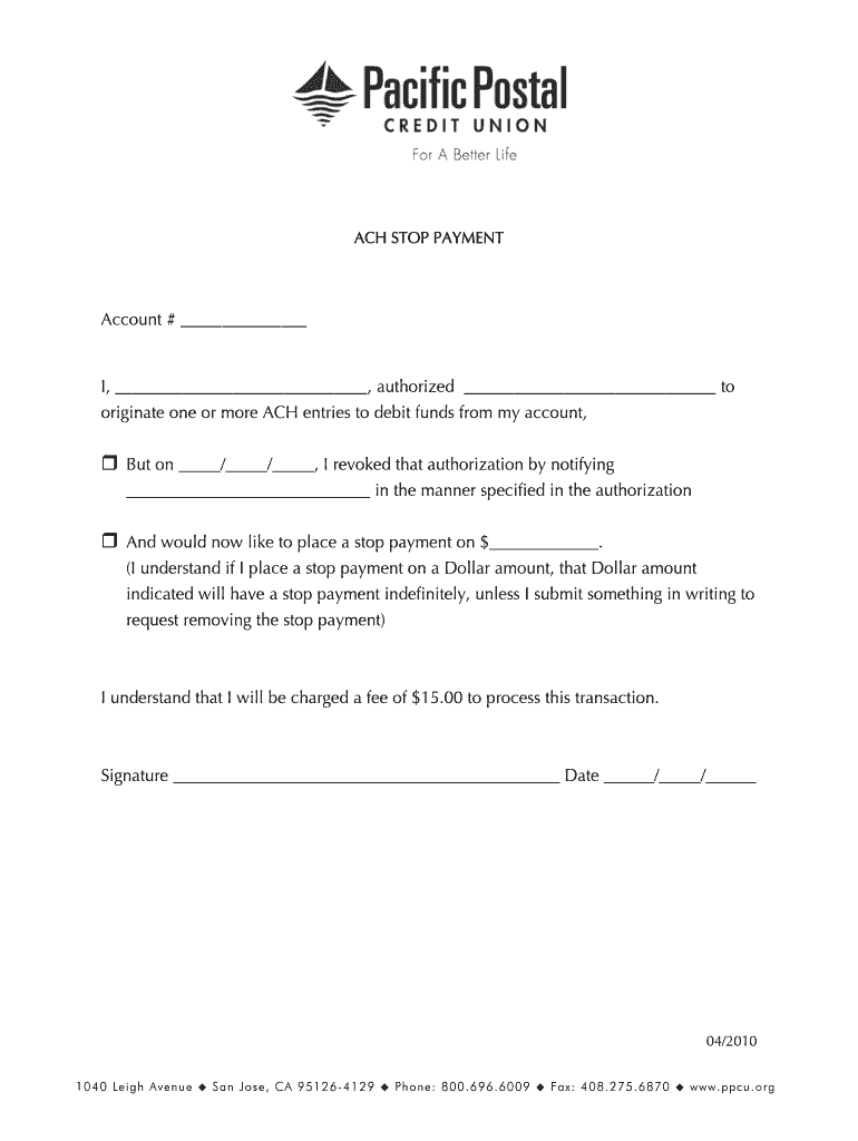 Fillable Online ppcu ACH Stop Payment - Pacific Postal Credit Union Fax ...