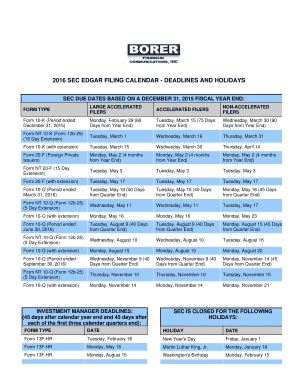 Fillable Online 2016 SEC EDGAR FILING CALENDAR - DEADLINES AND HOLIDAYS ...