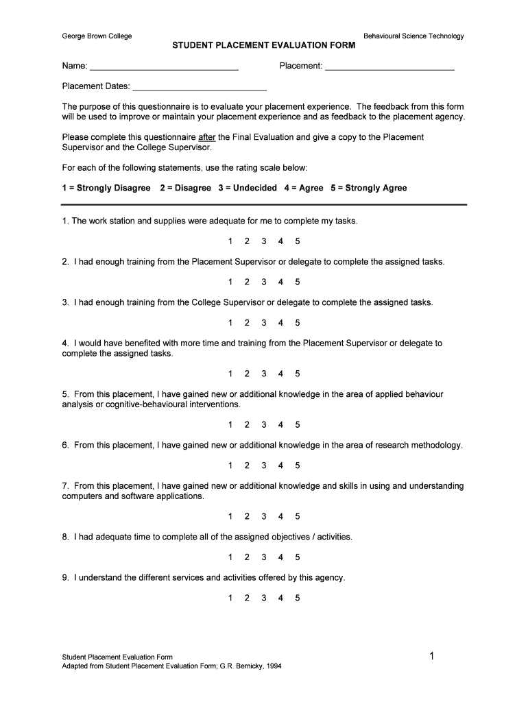 Fillable Online STUDENT PLACEMENT EVALUATION FORM Name Placement Fax ...