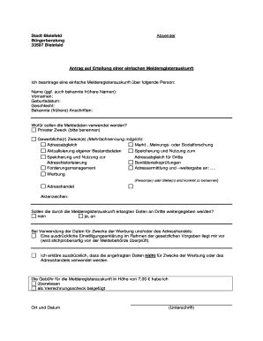 Ausfüllbar Online bielefeld Antrag auf Erteilung einer einfachen Melderegisterauskunft Fax Email ...