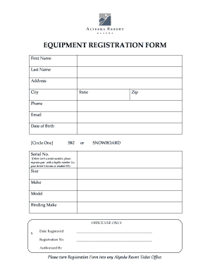 Fillable Online Equipment Registration Form - Alyeska Resort Fax Email ...