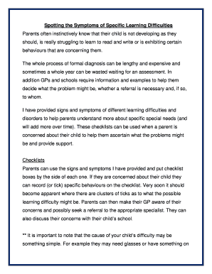 Fillable Online Spotting the Symptoms of Specific Learning Difficulties ...