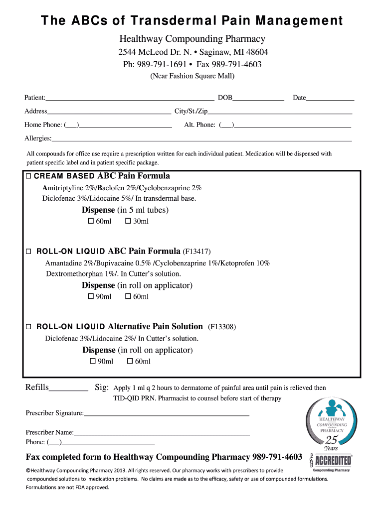 Fillable Online In house use ABCs of Transdermal Pain Management Fax ...