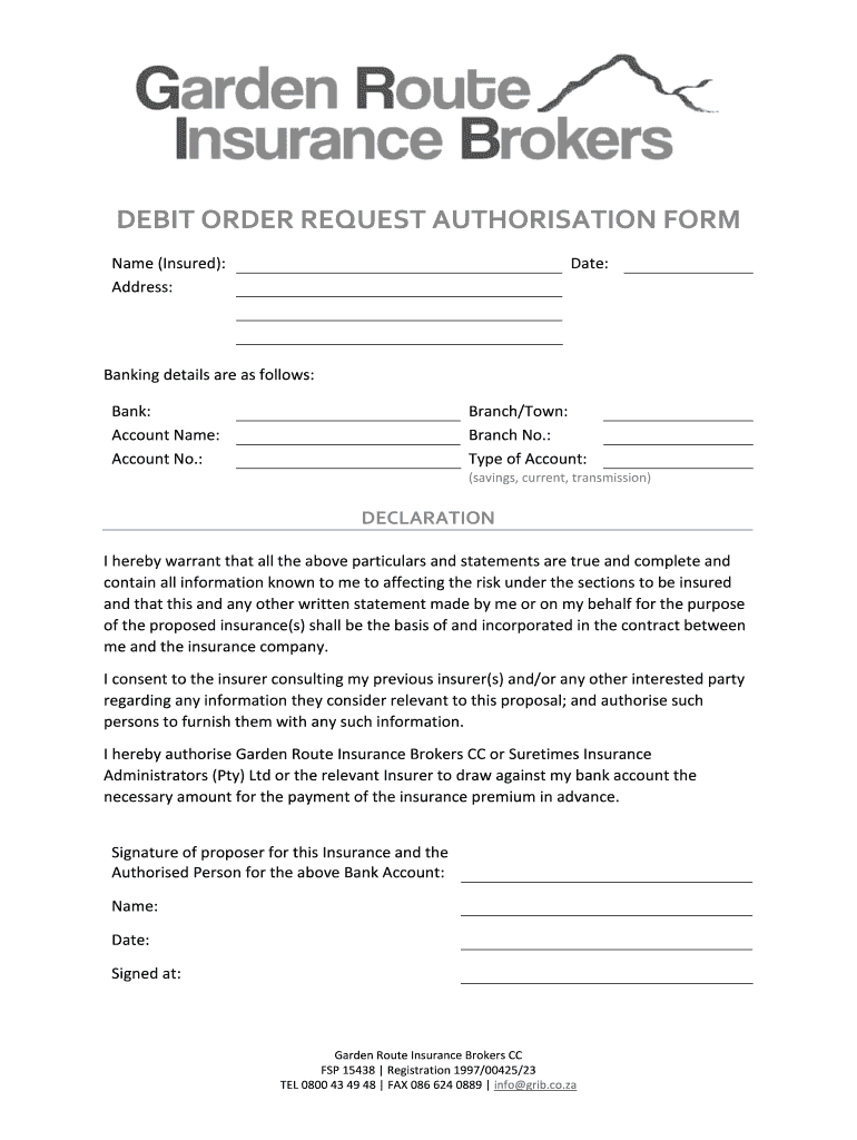Fillable Online grib co DEBIT ORDER REQUEST AUTHORISATION FORM Name ...