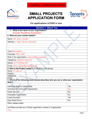 Fillable Online EXAMPLE FORM small grant application form - bchcouk Fax ...