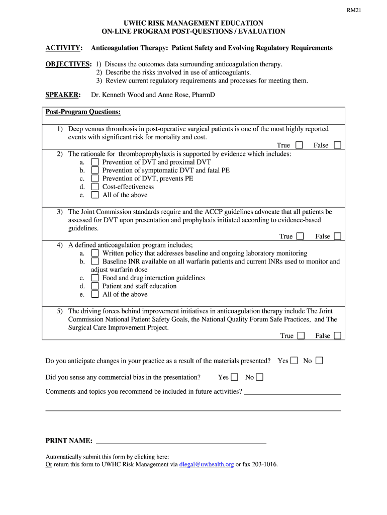 Fillable Online Anticoagulation Therapy Patient Safety and Evolving ...